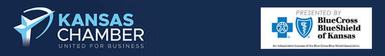 Logo on blue background with Presented By BCBS - The Kansas Chamber